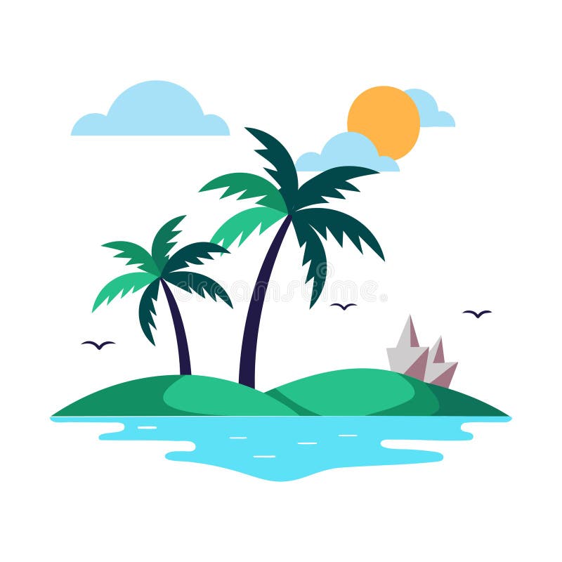 Tropical Island Sunset with Palm Trees and Ocean Waves - Vector ...