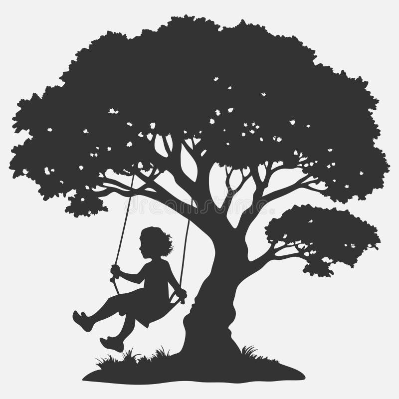 Majestic Silhouette of a Child Swinging on a Big Tree with a Rope ...