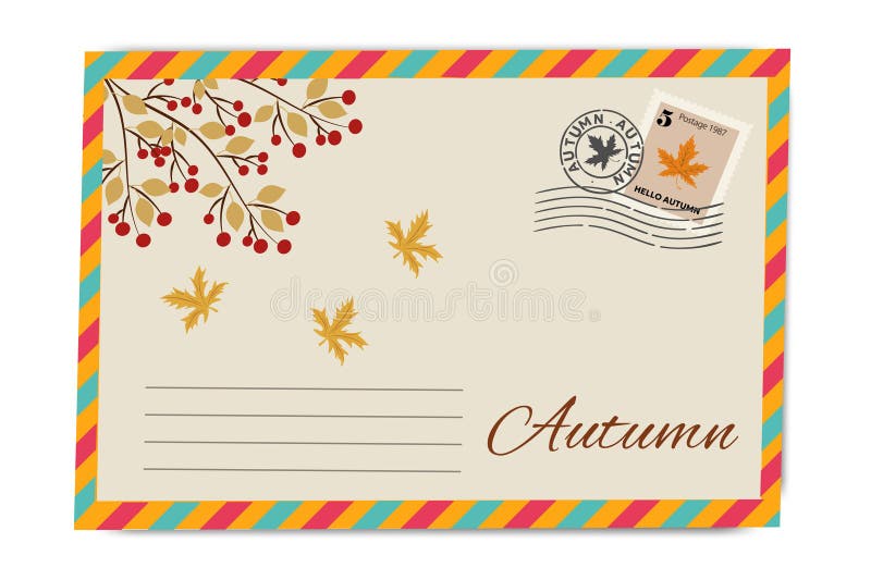 Vintage Autumn Postcard Design with Falling Leaves, Berries, and ...