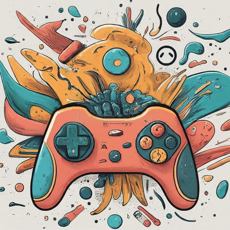 Hand Drawn Illustration with a Yellow Gaming Controller in Vector Shape ...