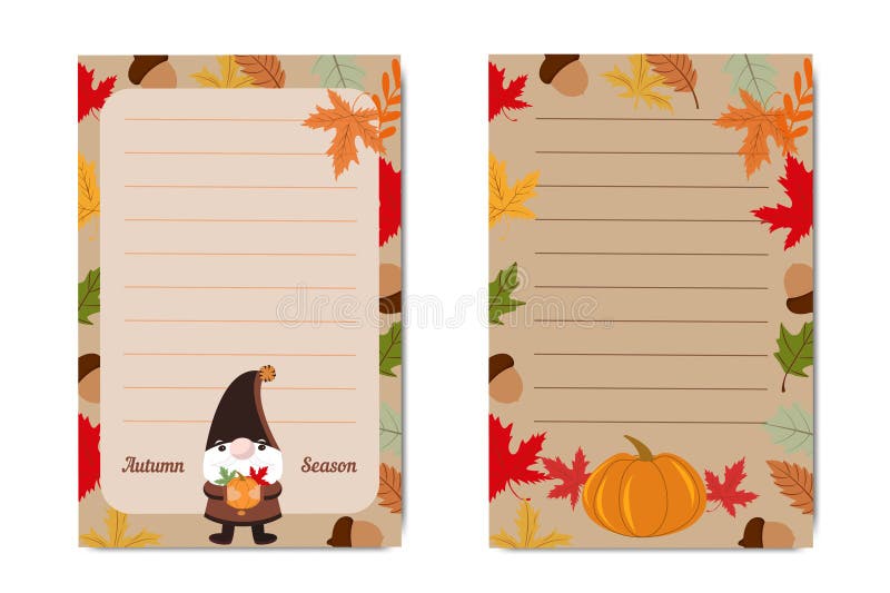 Autumn Notepad Template with Cute Gnome, Pumpkin, Acorns, and Colorful ...
