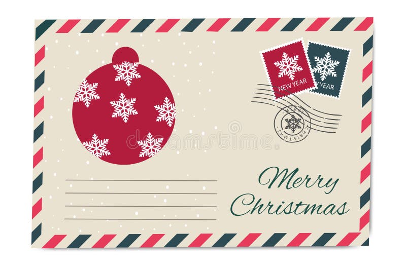 Christmas Postcard Design with Festive Envelope, Snowflakes, and Merry ...