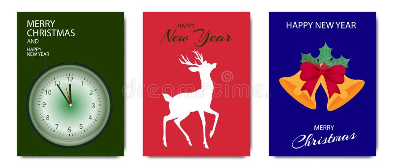 Set of Christmas and New Year Greeting Cards with Clock, Reindeer Stock ...