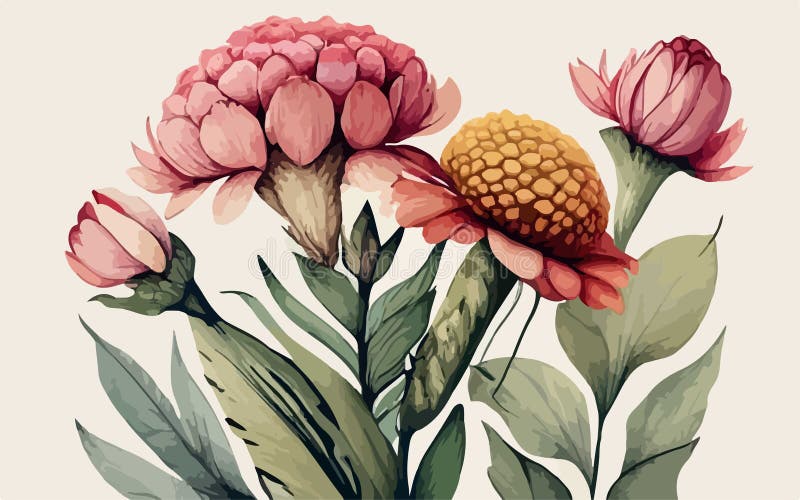 Watercolor Illustration of Cockscomb Flower, Botanical Illustration ...