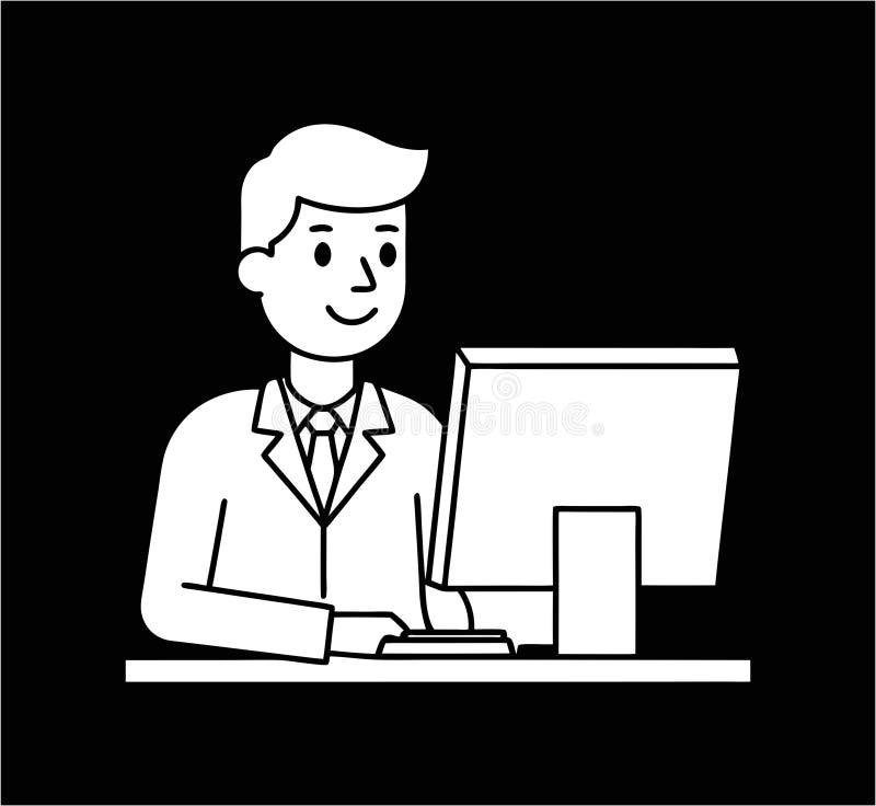 Corporate Man Working on Computer: Black and White Vector Art Stock ...