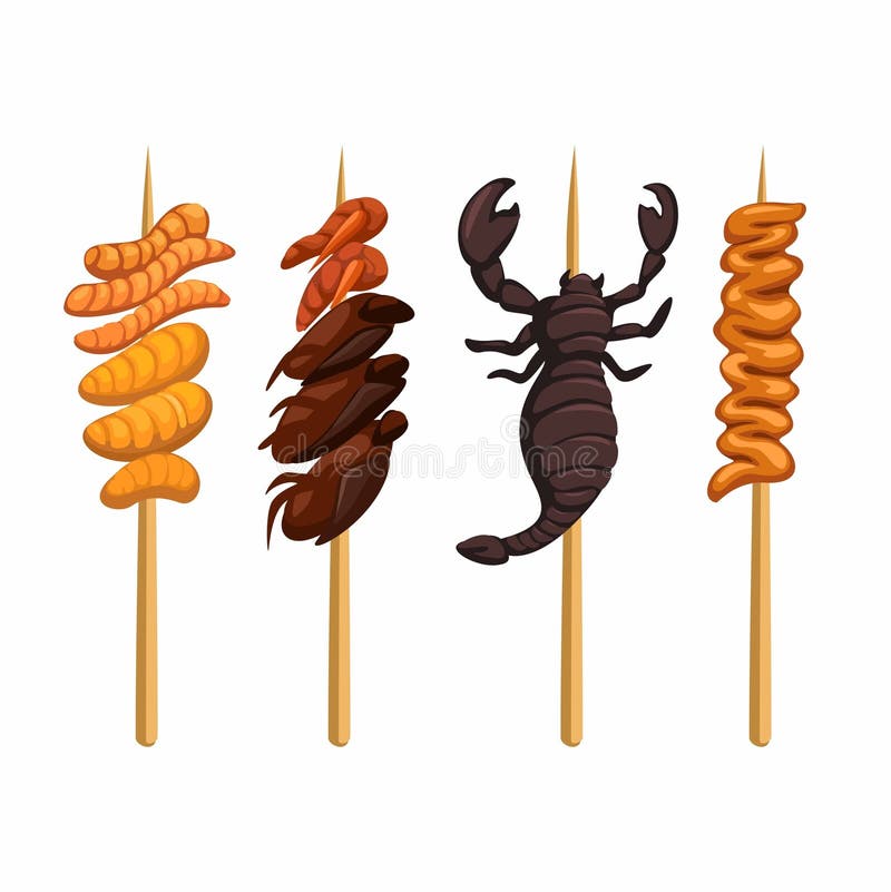 Bug and Scorpion Skewers Thai Extreme Street Food Set Cartoon ...