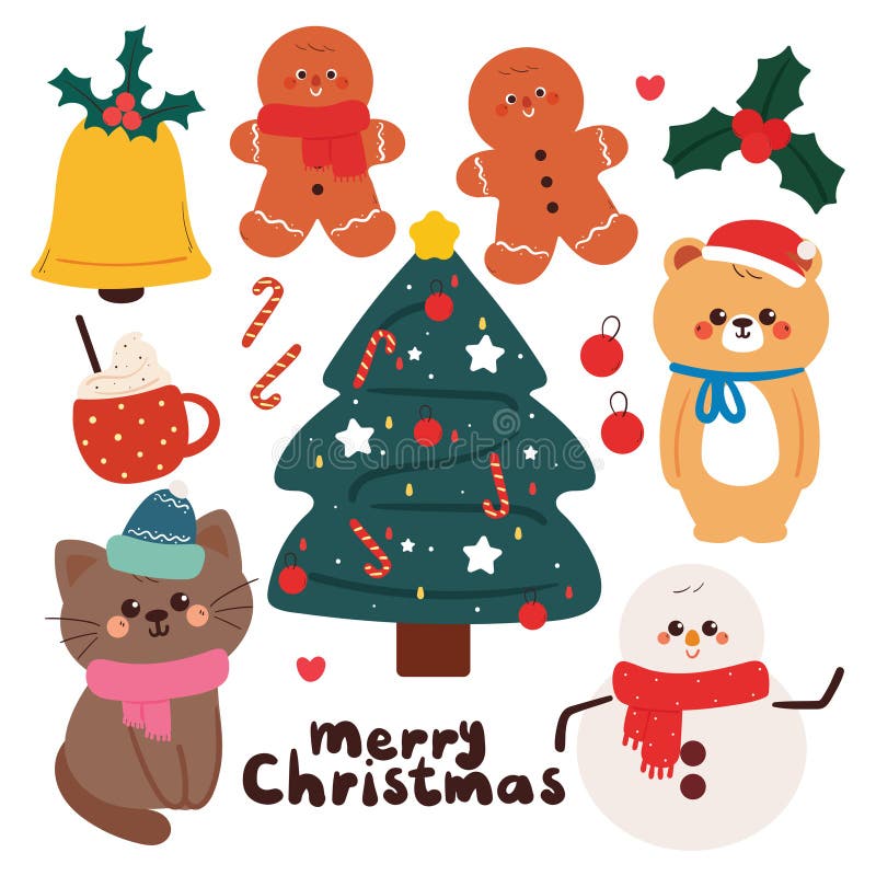 Hand Drawing Cartoon Christmas Sticker Set. Cute Christmas Vibes ...