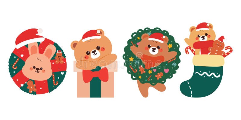 Hand Drawing Cartoon Animal Winter and Christmas Sticker Set. Cute ...