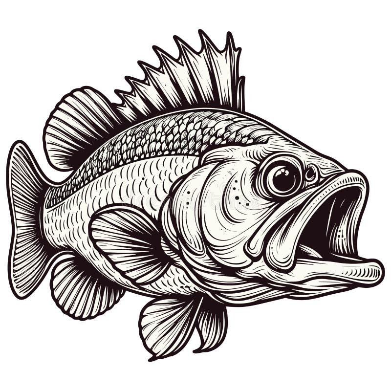 Bass Fish Illustration, Fishing Artwork, Aquatic Wildlife Design, Black ...
