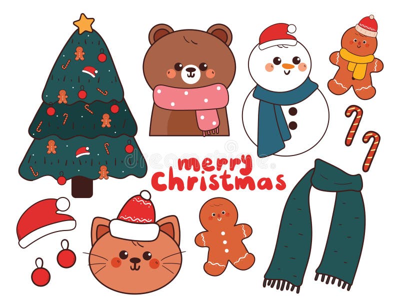 Hand Drawing Cartoon Christmas Sticker Set. Cute Christmas Vibes ...