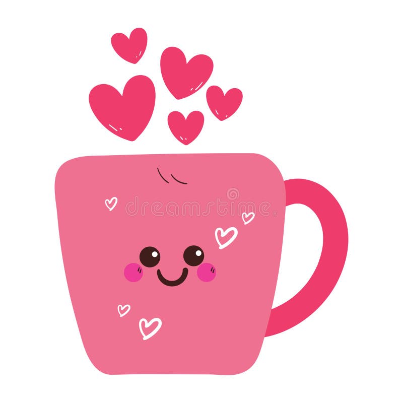 Cute Hand Drawing Cartoon Pink Cup with Full of Hearts. Cute Drawing ...