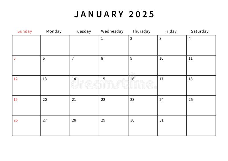 Minimalist January 2025 Calendar Design Vector Illustration. Stock ...