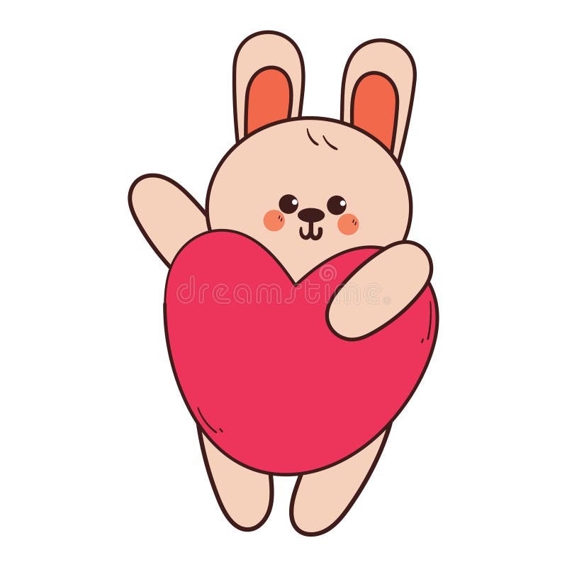 Cute Hand Drawing Cartoon Bunny Holding Red Heart. Cute Animal Drawing ...