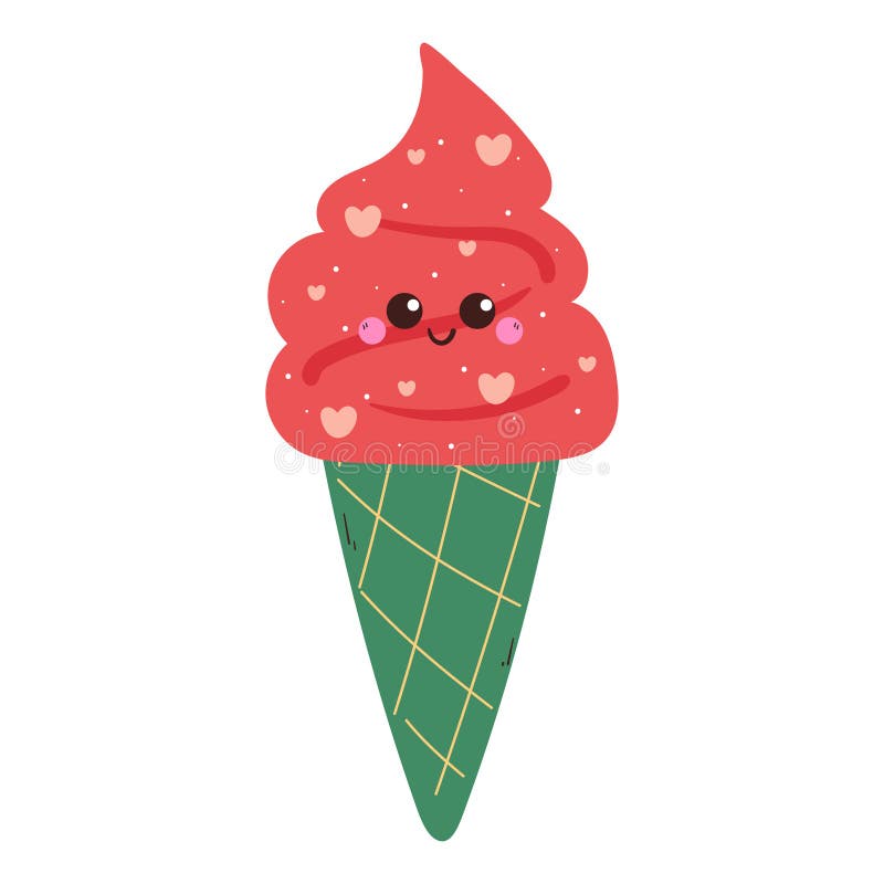 Cute Hand Drawing Cartoon Strawberry Ice Cream Character with Hearts ...