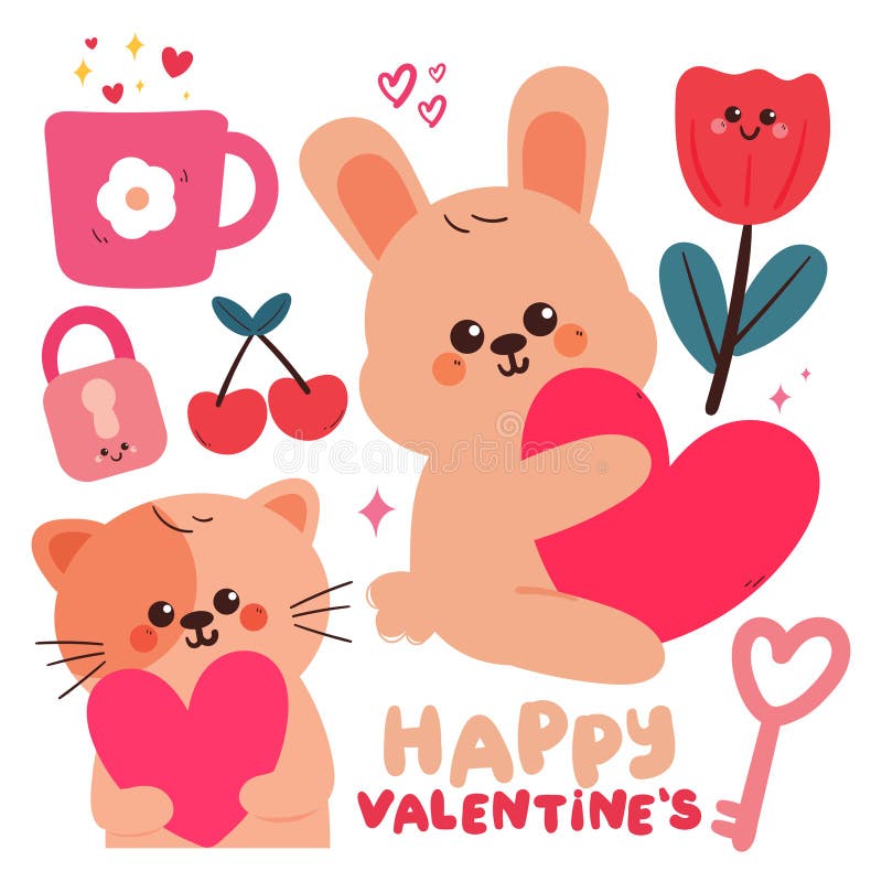 Hand Drawing Cartoon Valentine Sticker Set. Cute Valentine Vibes ...