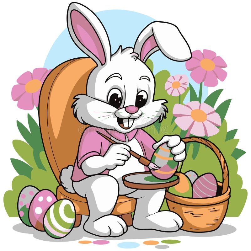 Cute Cartoon Bunny Painting Easter Eggs in a Garden Stock Vector ...