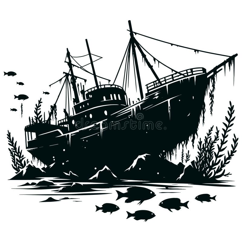 Detailed Silhouette of Mysterious Sunken Shipwreck in the Depths of the ...