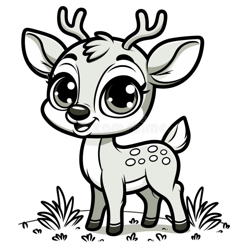 Happy Baby Deer in Nature Black and White Forest Animal Line Art Stock ...