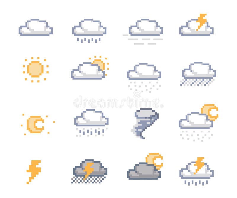 Pixel Weather Icons. Retro Illustration Stock Vector - Illustration of ...