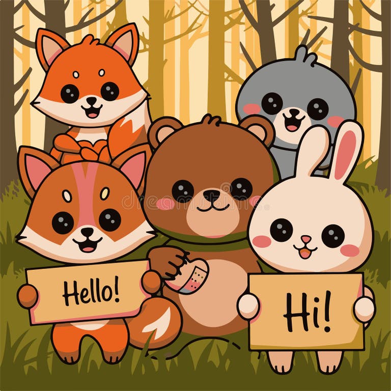Cute Forest Friends Holding Signs in a Woodland Setting Stock Vector ...