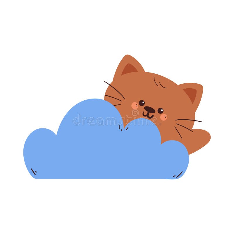 Cute Drawing Cat Behind Blue Clouds. Animal Drawing for Sticker Stock ...