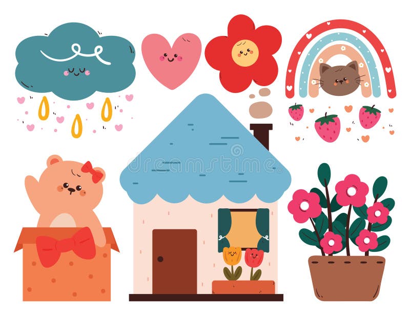 Hand Drawing Cartoon Kawaii Sticker Set with House, Animal and Sky ...