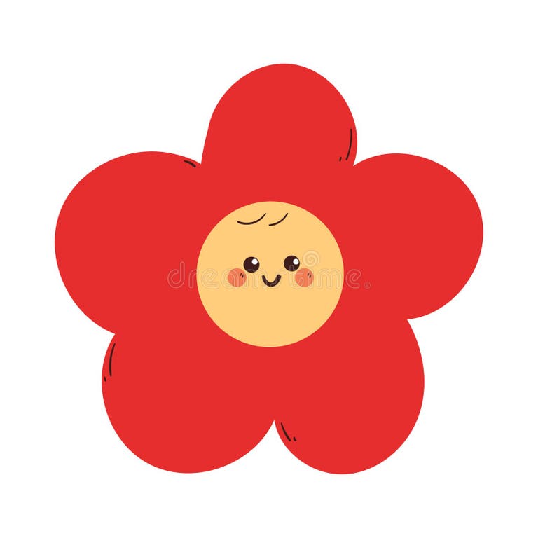 Hand Drawing Cartoon Red Flower. Cute Flower Character Drawing, Doodle ...