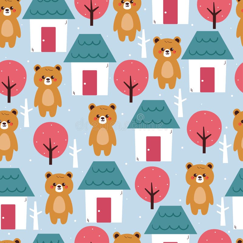 Seamless Pattern Cute Cartoon Bear with Home and Tree. Cute Animal ...