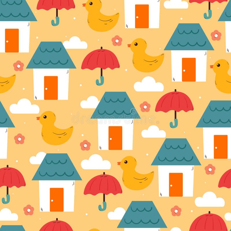Seamless Pattern Cute Cartoon Duck with House and Sky Element. Cute ...