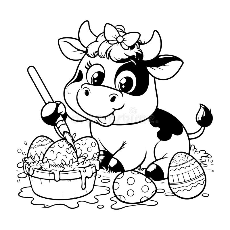 Cute Cow Decorating Easter Eggs Coloring Page Stock Vector ...