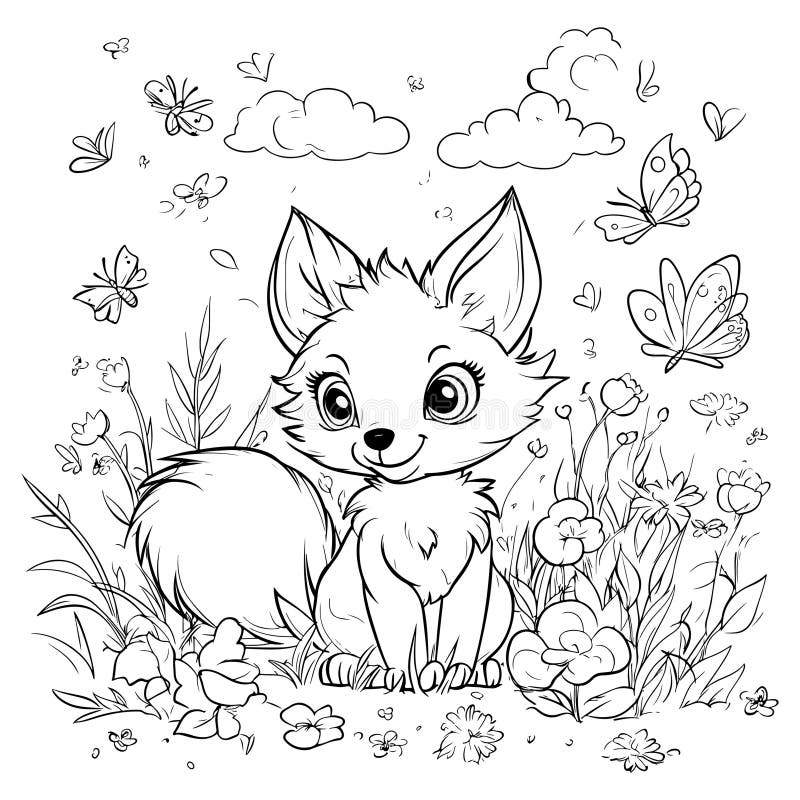 Cute Fox in a Flower Meadow Coloring Page Stock Vector - Illustration ...