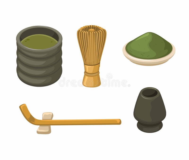 Macha Green Tea Japanese Traditional Drink Maker Tool Set Illustration ...