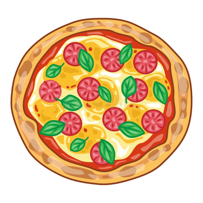 Cartoon Fast Food Pizza Vector with Pepperoni Topping, and Fresh Basil ...