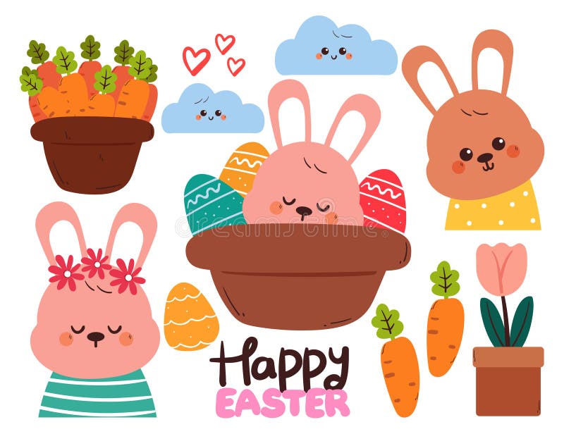 Hand Drawing Cartoon Easter Sticker Set. Cute Sticker for Easter Vibes Stock Vector ...