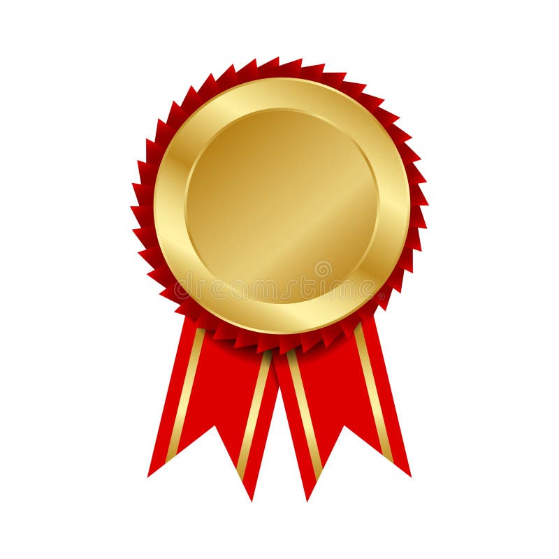 Empty Gold Badge with Red Ribbon on White Background. Shiny Gold Award ...