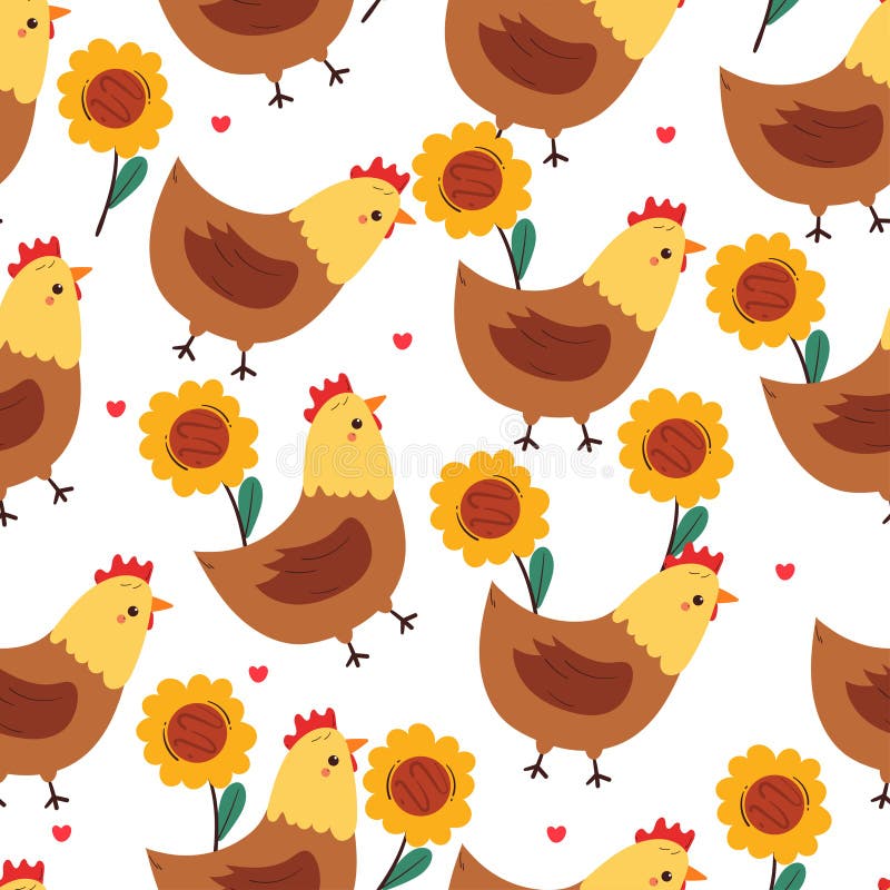 Seamless Pattern Cute Cartoon Chicken and Flower. Cute Animal Pattern ...
