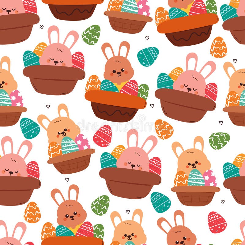 Seamless Pattern Cute Cartoon Bunny Inside Egg Basket. Cute Easter Stock Vector - Illustration ...