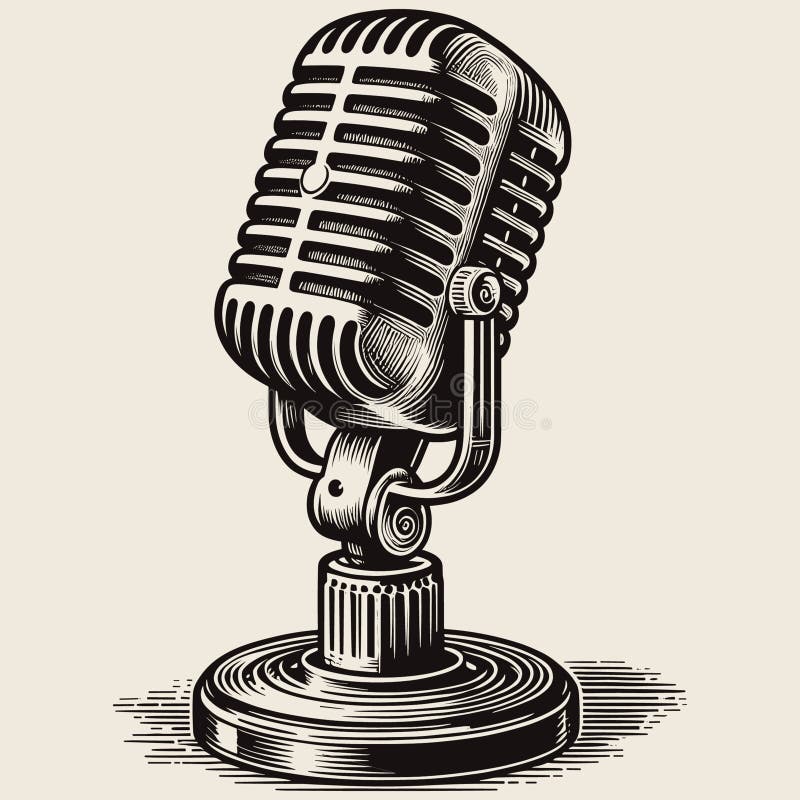 Old-School Microphone Line Art – Vintage Etched Audio Device Drawing ...