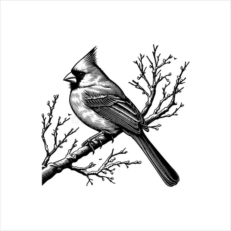Line Art Vector of a Northern Cardinal Bird Perched on Branch – Black ...
