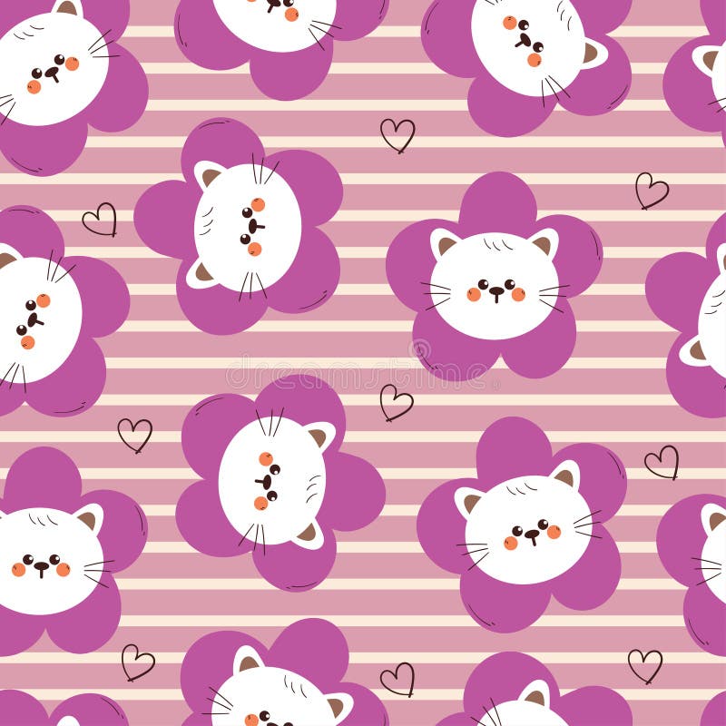 Seamless Pattern Cartoon White Cat Head Inside Purple Flower. Cute ...