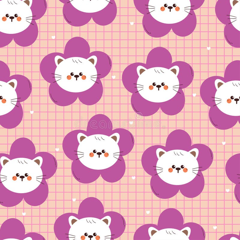 Seamless Pattern Cartoon White Cat Head Inside Purple Flower. Cute ...