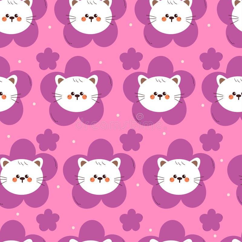 Seamless Pattern Cartoon White Cat Head Inside Purple Flower. Cute ...