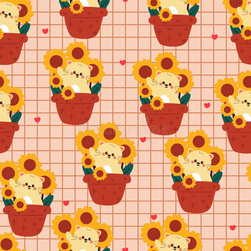 Seamless Pattern Cartoon Cat Inside Flower Basket. Cute Animal Pattern ...