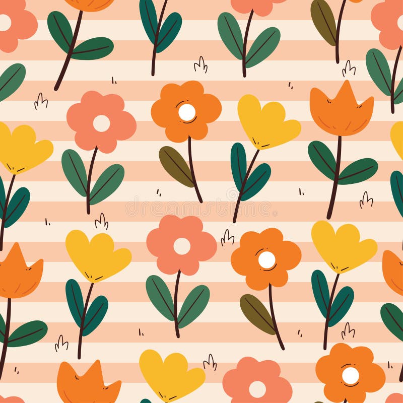 Seamless Pattern Cartoon Flowers and Leaves. Cute Botanical Wallpaper ...