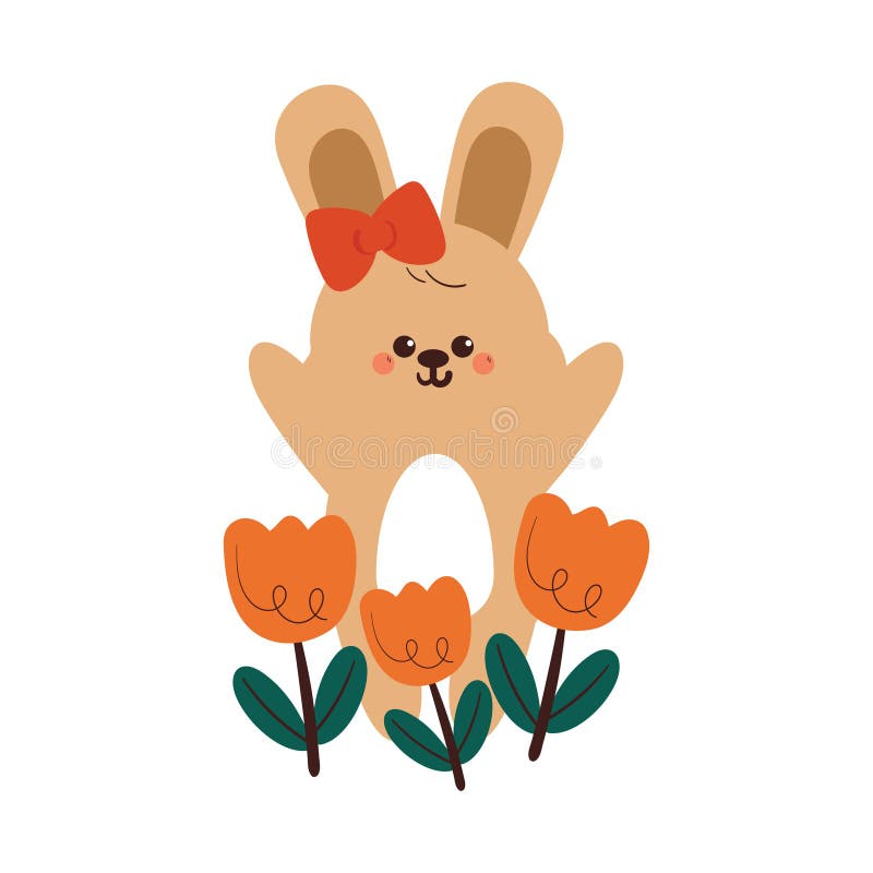 Cute Drawing Bunny Wearing Red Bow and Cartoon Tulip Flowers. Cute ...