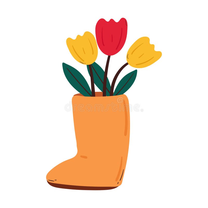 Hand Drawing Cartoon Flowers and Green Leaves Inside a Boot. Cute Plant ...