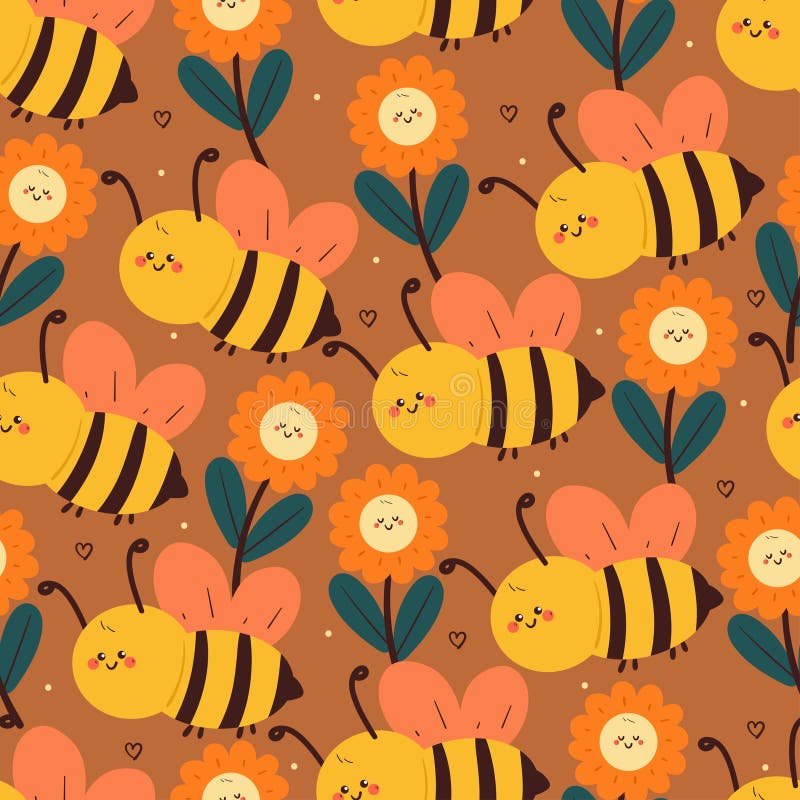 Seamless Pattern Cartoon Bee with Flower. Cute Animal Pattern for ...