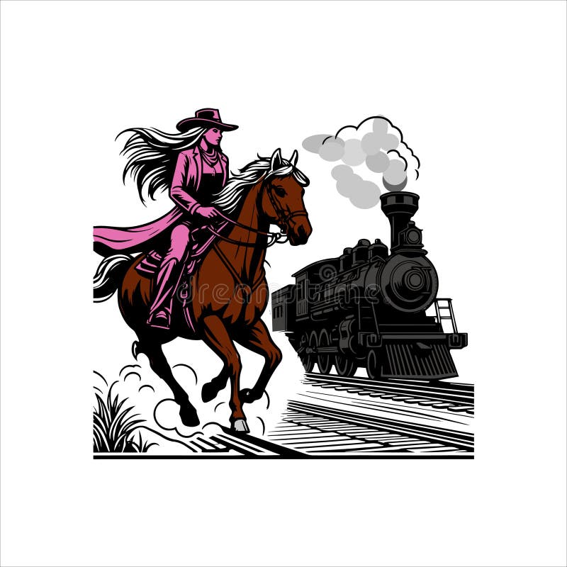 Bold Western Rider on Horseback Chasing Train – Black and White Line ...