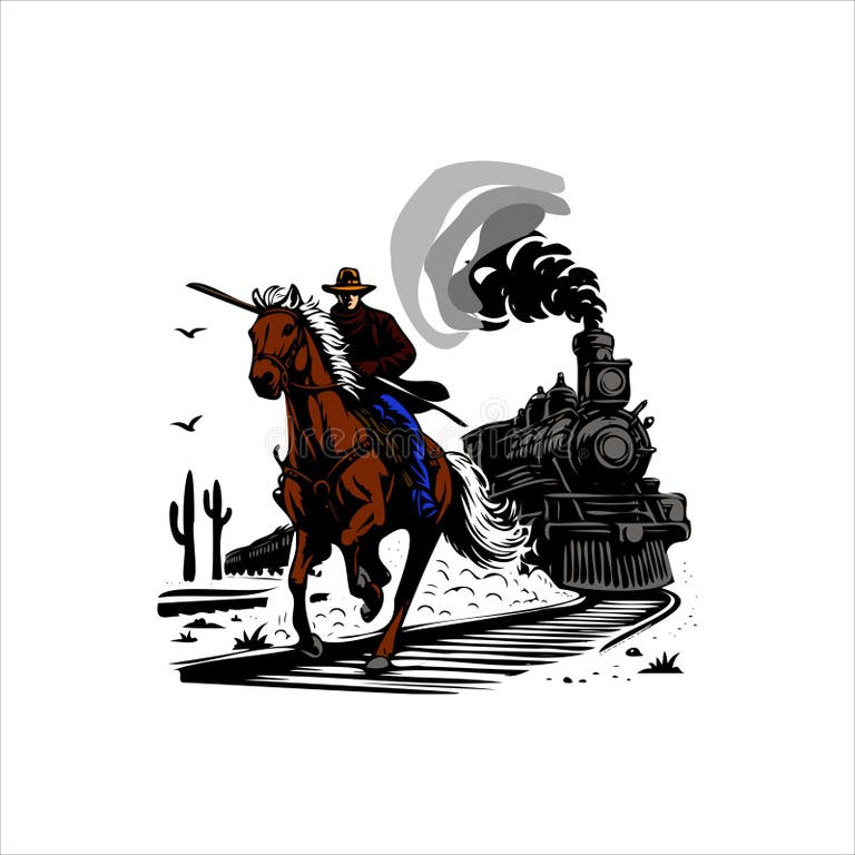 Bold Western Rider on Horseback Chasing Train – Black and White Line ...