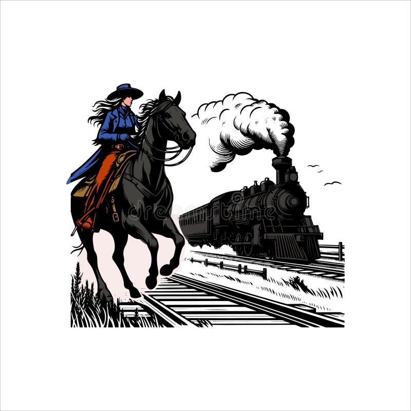 Bold Western Rider on Horseback Chasing Train – Black and White Line ...